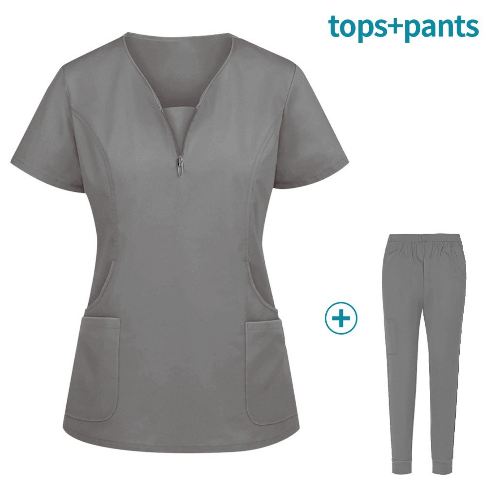 Scrubs for Women Set, Zipper V-Neck Nurse Scrub Top and Jogger Pants Medical Stretch Working ...