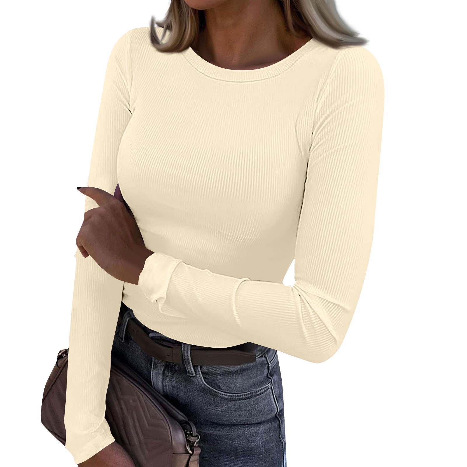 Women's Rib Knit Tops Stretch Crewneck Ribbed Womens Long Sleeve T Shirts Fitted Casual Basic ...