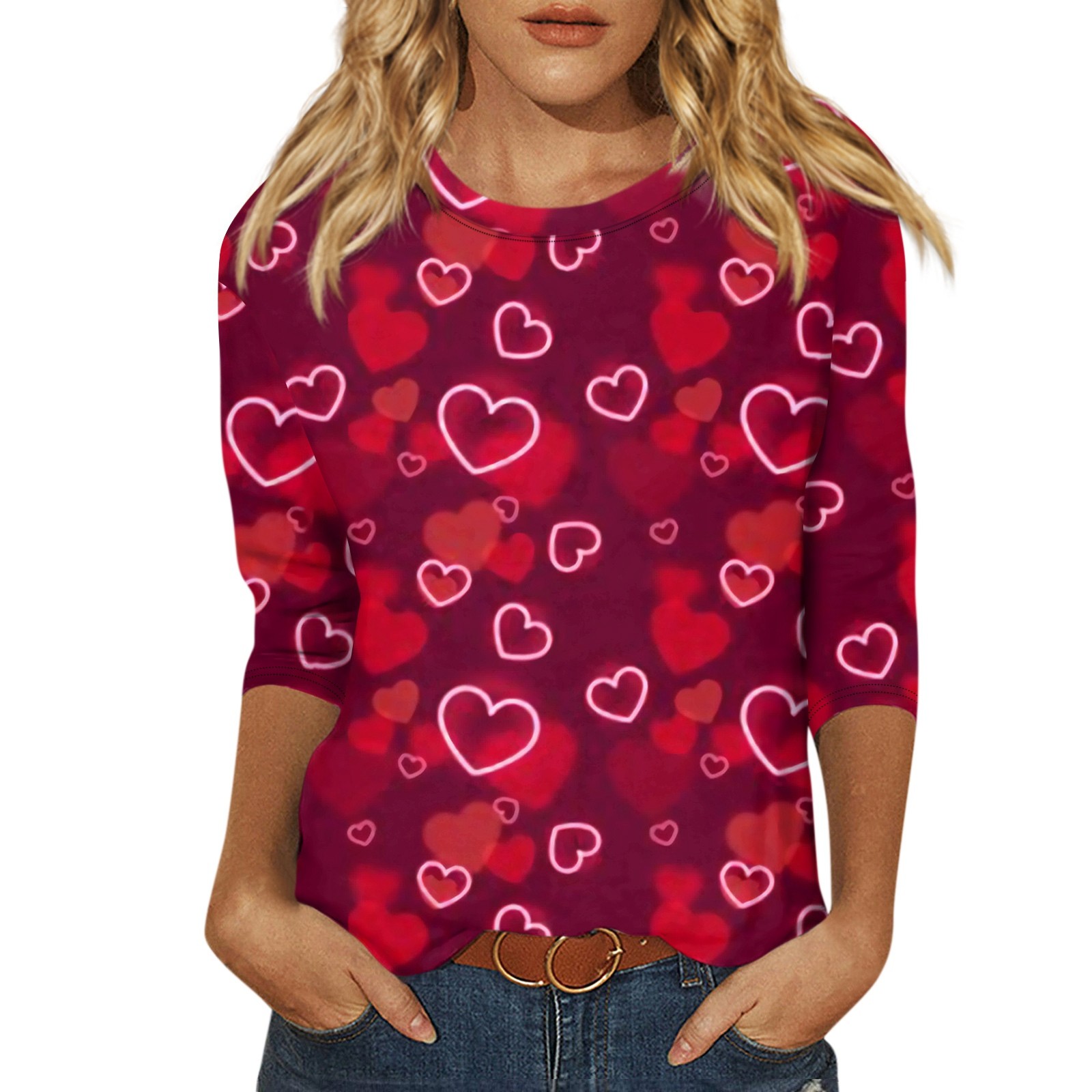 BDPORKAS Womens Valentines Day Shirt 3/4 Length Sleeve Womens Tops Graphic Print Heart Tshirts ...