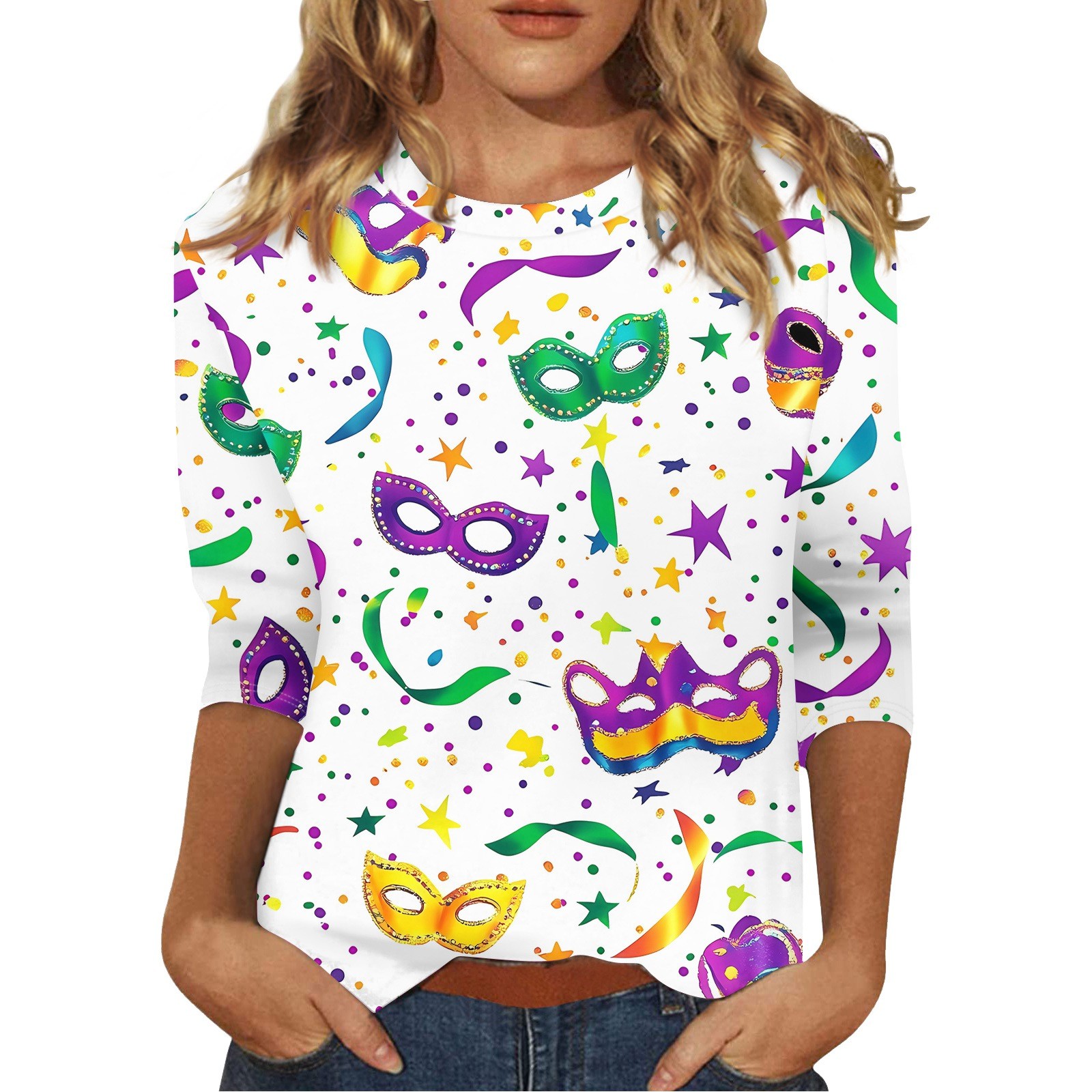FrzhBrz Mardi Gras Outfit for Women Dressy 3/4 Sleeve Mardi Gras Shirts Glitter Mask Print ...