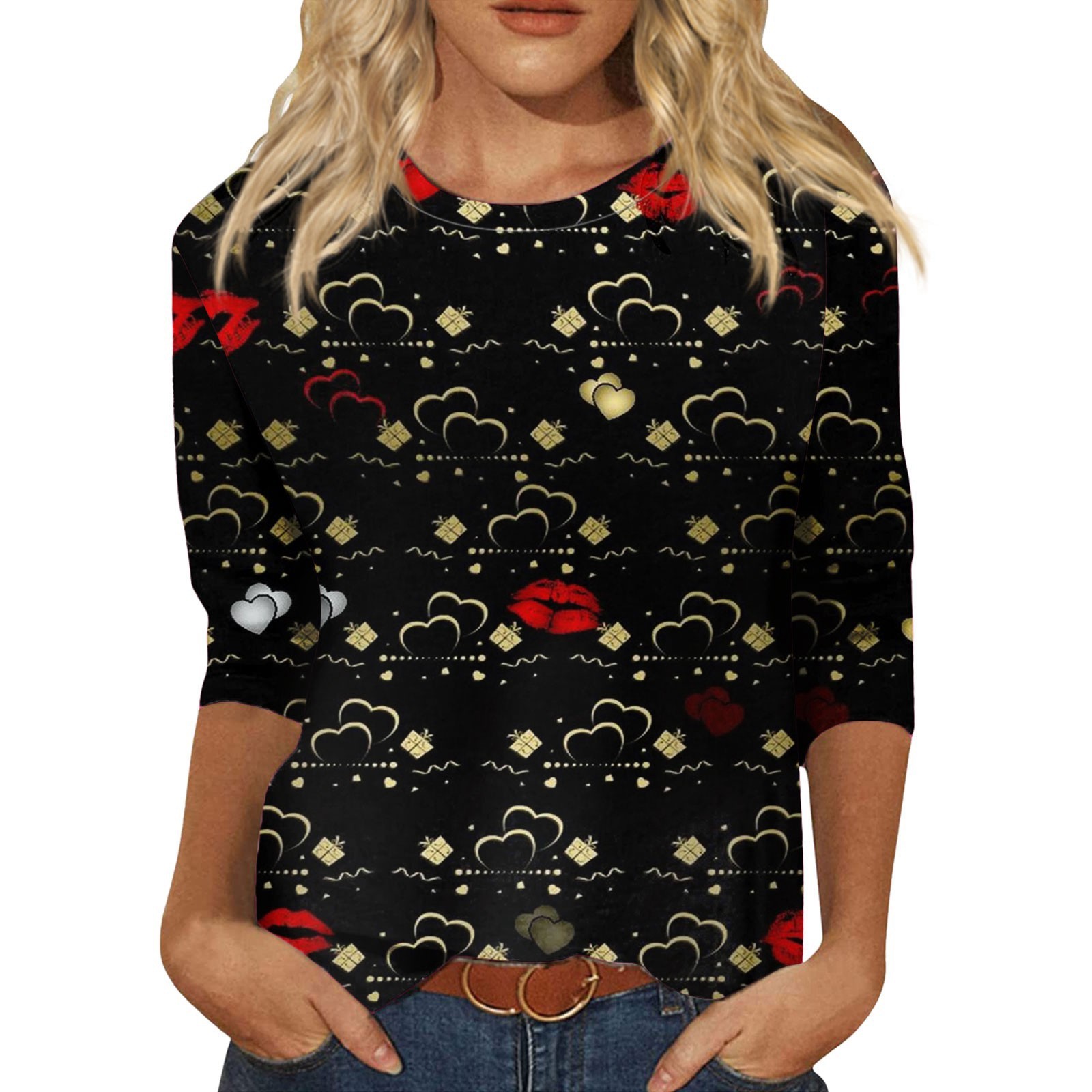 BDPORKAS Womens Valentines Day Shirts 3/4 Length Sleeve Womens Tops Graphic Heart Tshirts Plus ...
