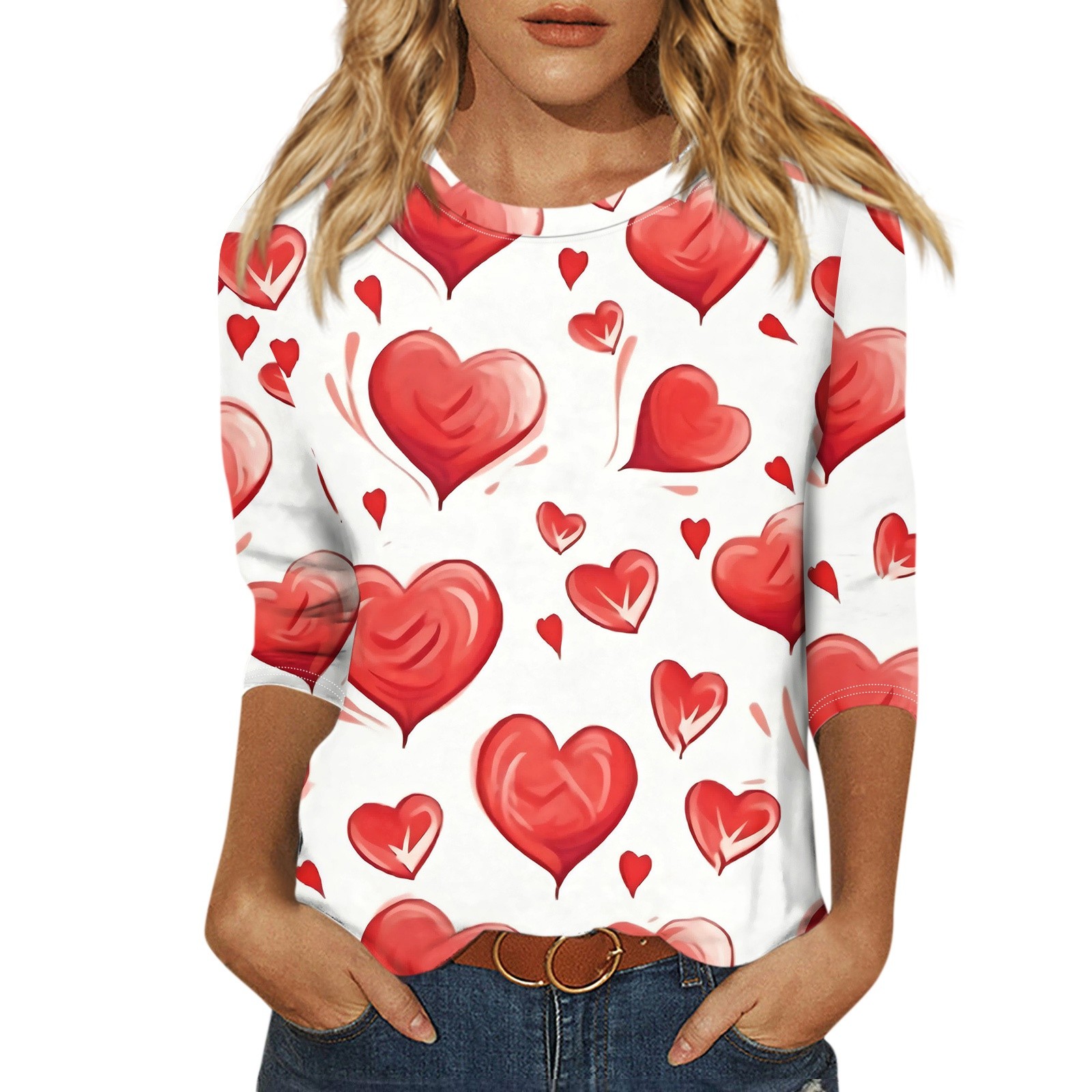 BDPORKAS Valentines Day Shirts Women 3/4 Sleeve Tops Graphic Print Heart Tshirts Plus Size Crew ...