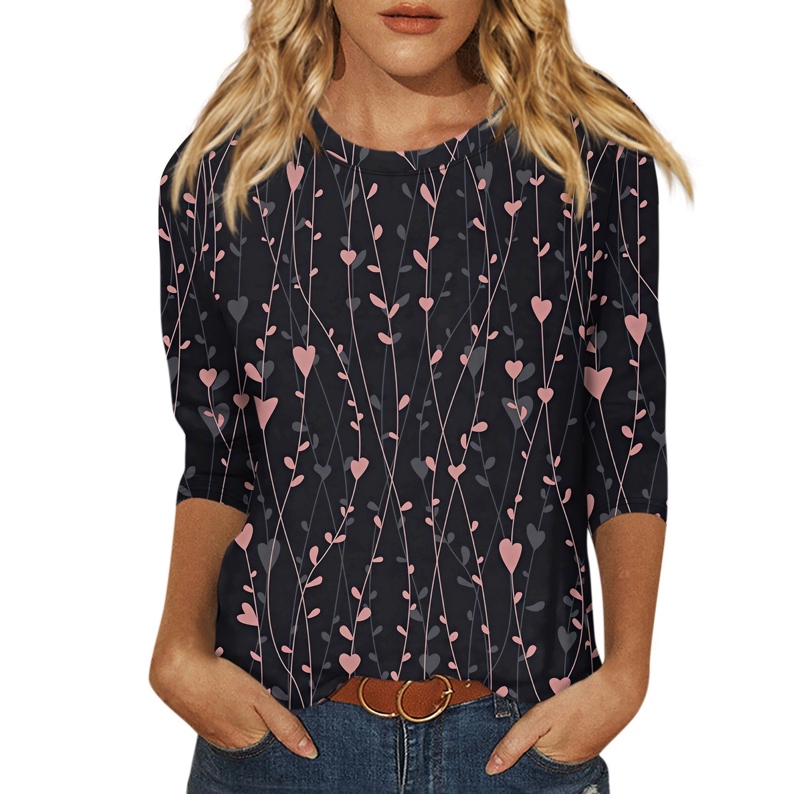 BDPORKAS Women's Valentine's Day Shirt Plus Size Crew Neck Valentine 3/4 Sleeve Tops Casual ...